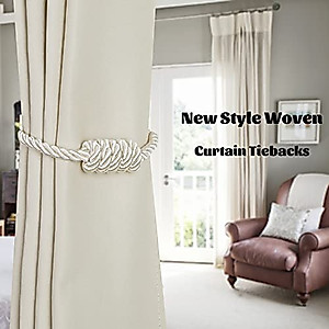 BEL AVENIR Magnetic Curtain Tiebacks, Decorative Drapery Holdbacks Modern Woven Tie-Backs with Exquisite Knot (Beige, 2 Pack)