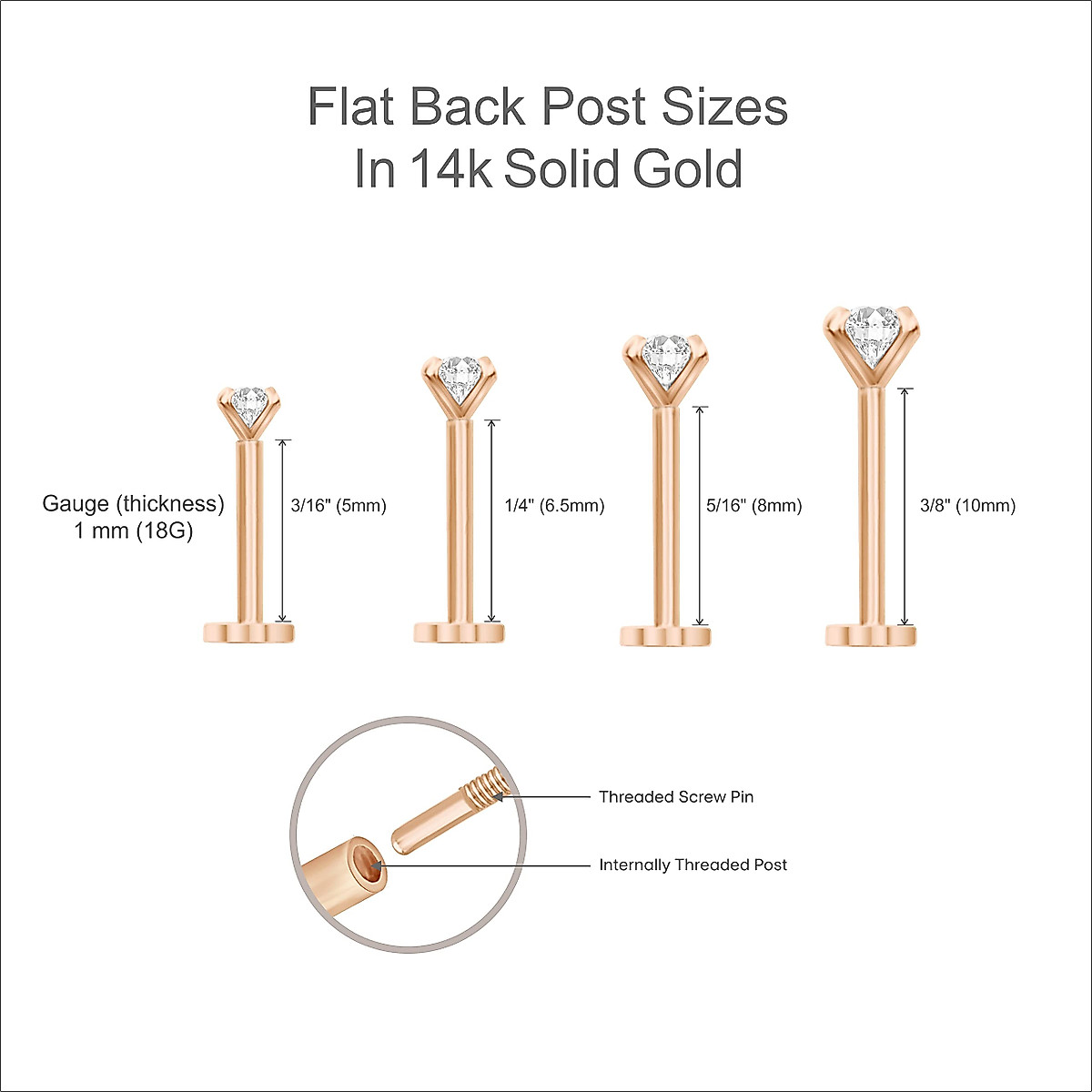 14K Solid Gold Milgrain Gemstone Bezel Single Stud Earring for Cartilage Tragus Helix Tragus CZ Stud 2mm 2.5mm 3mm Top Internally Threaded Flat Screw Back Upper Ear Piercing for Women Men (Single Piece)