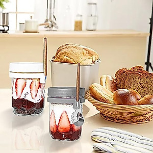TSLBW 2 Pcs Overnight Oats Jars with Lid and Spoon 12 oz Glass Mason Overnight Oats Jars Breakfast Jars Overnight Oats Container with Measurement Marks Overnight Oats Pot for Milk Cereal Fruit