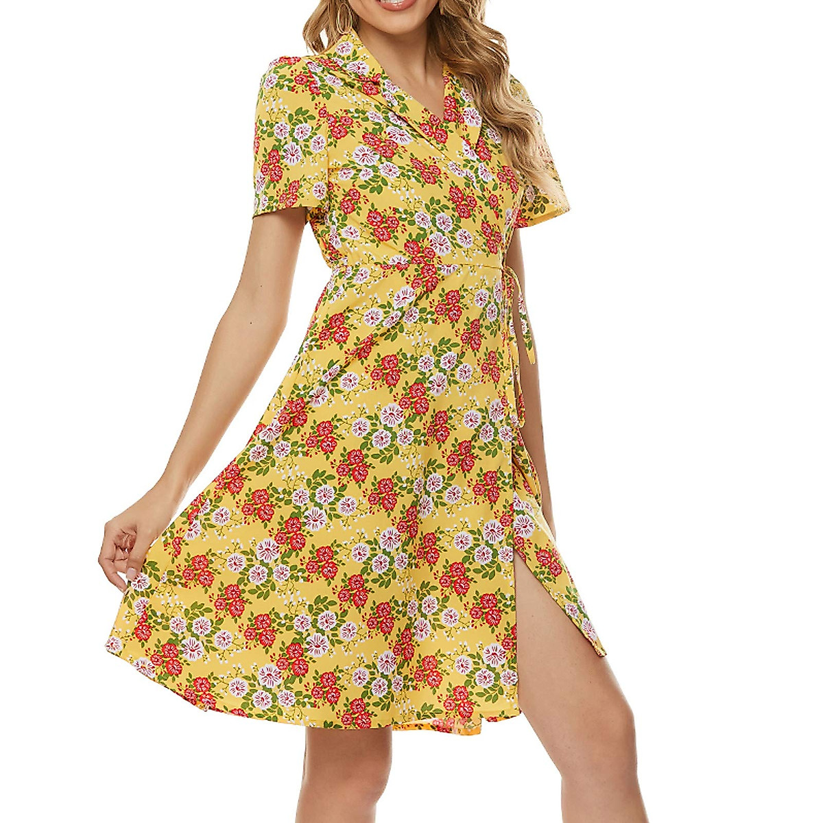 Padaleks Womens Dresses Summer Casual Floral Print Short Sleeve Midi V-Neck Baggy Split Beach Party Dress w/Belt