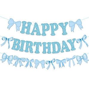 Bow Happy Birthday Banner Garland, Pre-Strung Blue Coquette Bow Birthday Banner for Bow Birthday Party Decorations, Coquette Birthday Decortions, Bow Party Decorations