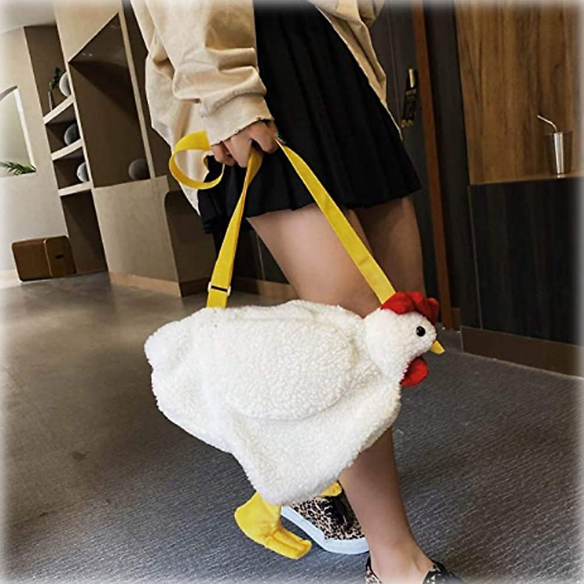 QQBOB Women Crossbody Bag Cartoon Chicken Pattern Large Capacity, Cute Casual Shoulder Bags Fleece Zipper Soft Plush Handbags, Gifts for Friends Daughter Girlfriend White