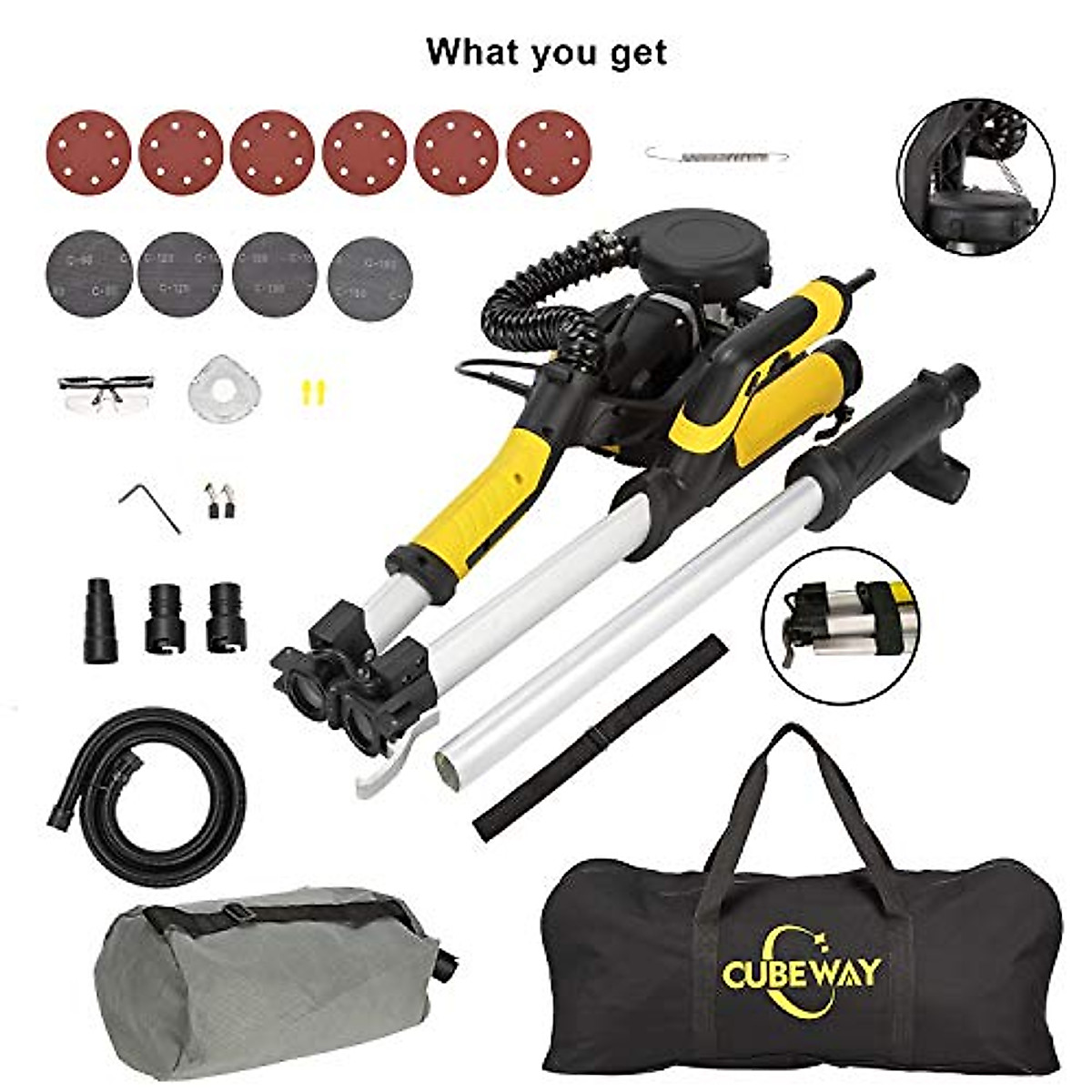 CUBEWAY Drywall Sander with Vacuum, Rotary and Detachable Dust Shroud for up to the Wall Sanding, Electric Drywall Sander with Variable Speed and Led Light, ETL Listed