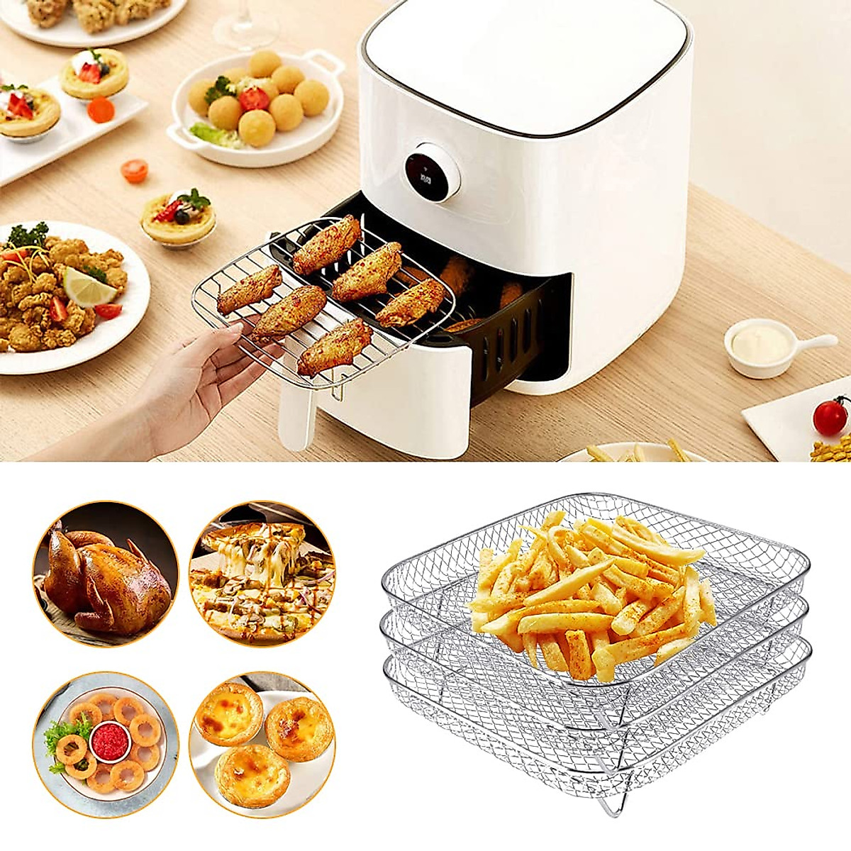 Square Air Fryer Rack,3 Layer Stainless Steel Stackable Dehydrato-r Rack with An-ti-scalding Clip,Stainless Steel Multi-Layer Dehydrato-r Rack Air fryer Accessories(Silver)