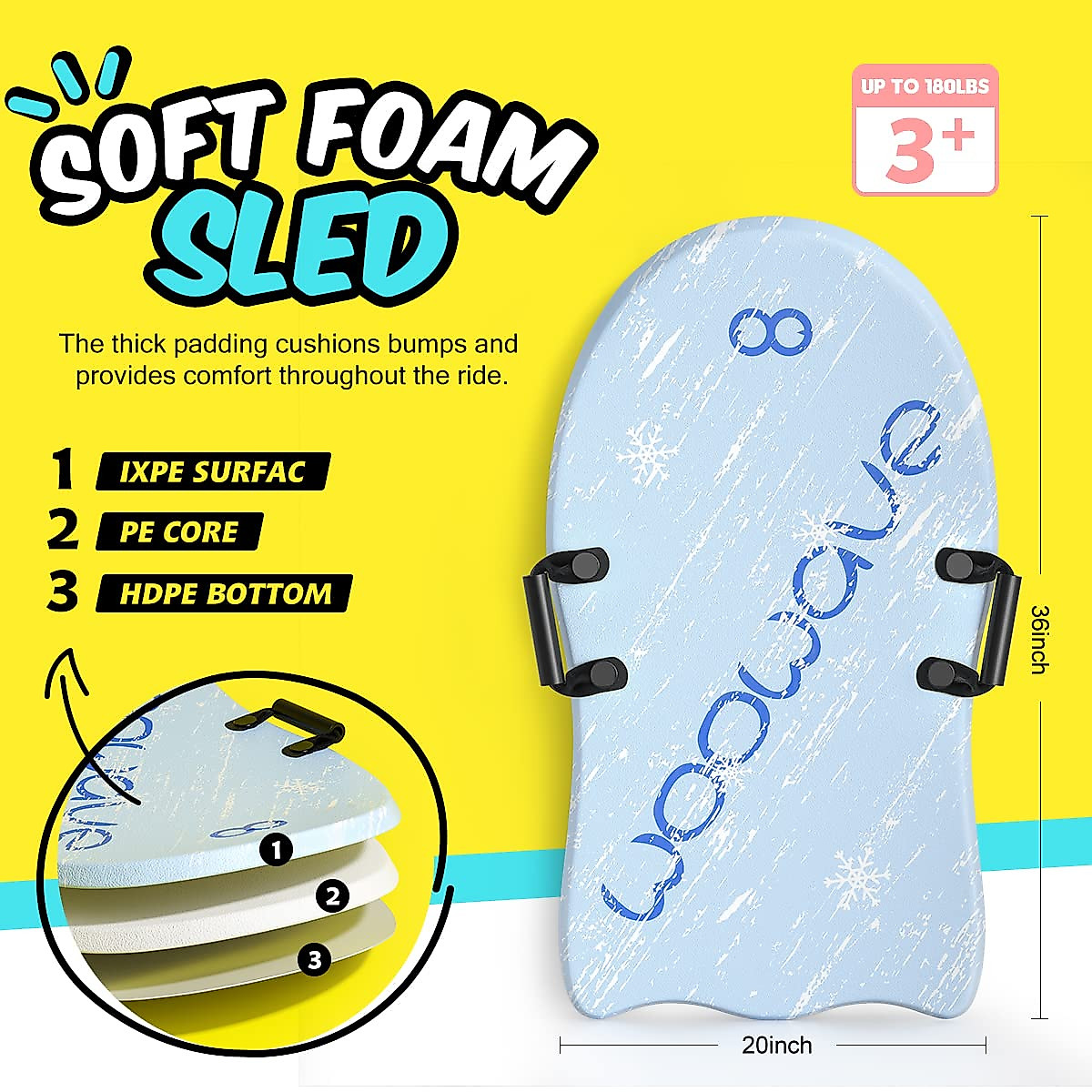 WOOWAVE Foam Sled for Kids Super Lightweight 36 inch Snow Sleds Toboggan with PE Core and Slick Bottom (Blue)