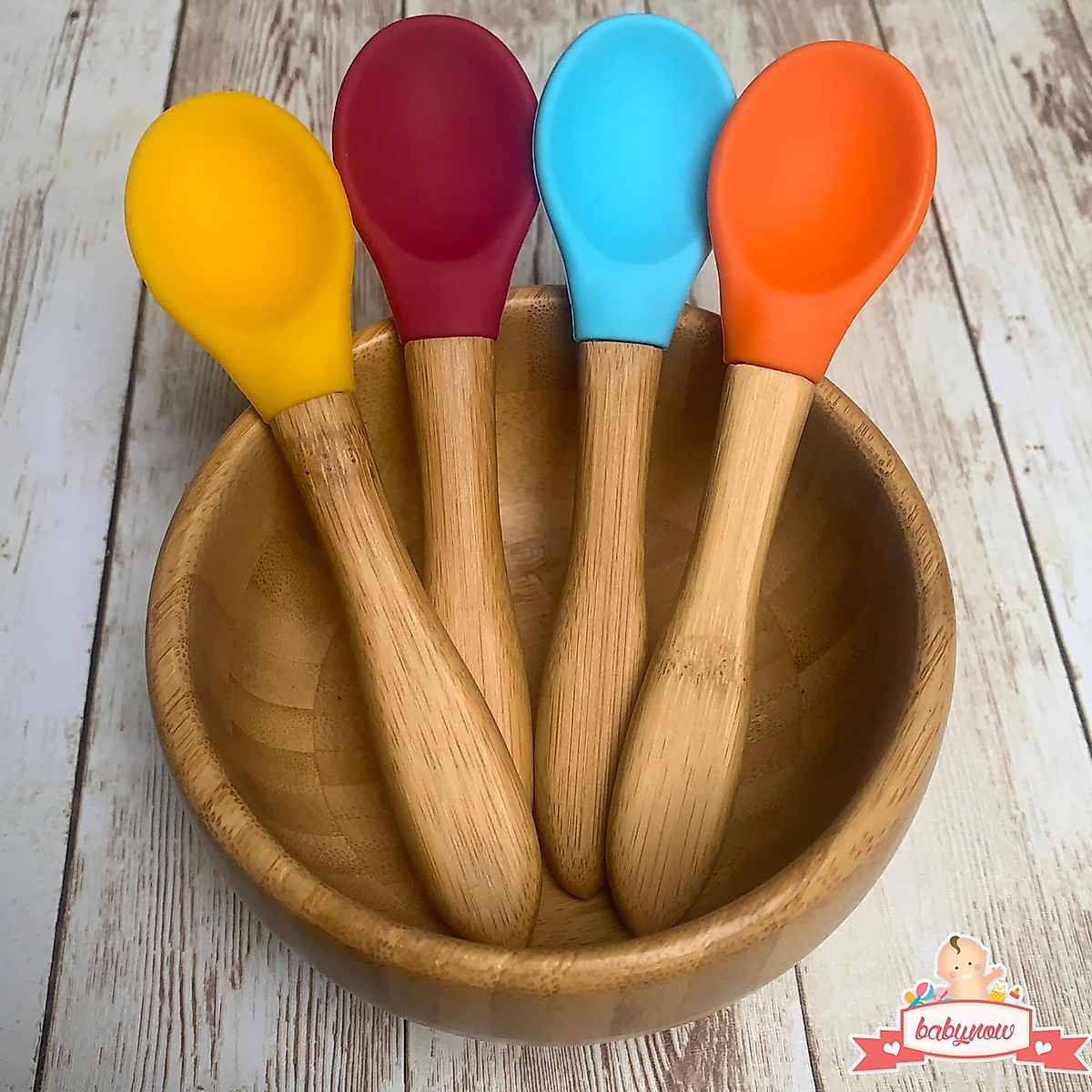 Bamboo Baby Spoons 4 PACK - Toddler Weaning Spoon - Bamboo Handle Silicone Soft Tip Spoon 5.5” Toddlers Weaning Baby Food Utensil - Mom Baby Travel Spoonset