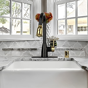 Two Tone Kitchen Faucet with Soap Dispenser and Air Gap, Single Handle Solid Brass High Arc Pull Down Sprayer Head Kitchen Sink Faucets with Deck Plate AK96455