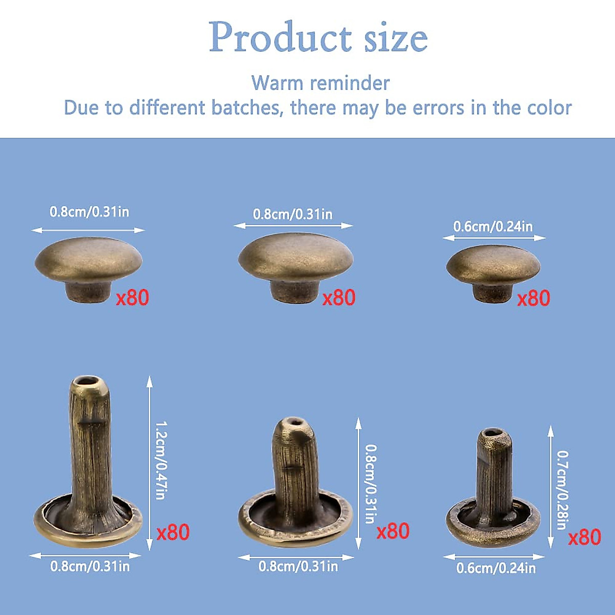 TLKKUE 240 Sets Rivets for Leather, Leather Rivets 3 Sizes Leather Double Cap Rivets for DIY Leather Craft, Bags/Clothes/Shoes/Belts Decoration or Repair (Bronze)
