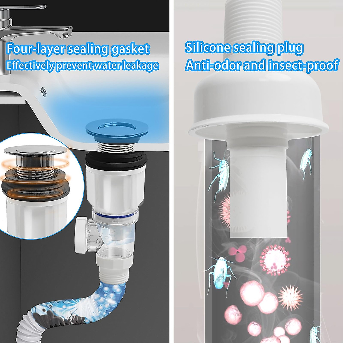 Bathroom Sink Drain Pipe Kit,Bathroom Sink Drain with Strainer Basket Hair Catcher and pop-up Stopper Flexible Sink Drain Pipe P-Trap，Suitable for drains Including for 1-1/4'' & 1-1/2''，RuQiankun