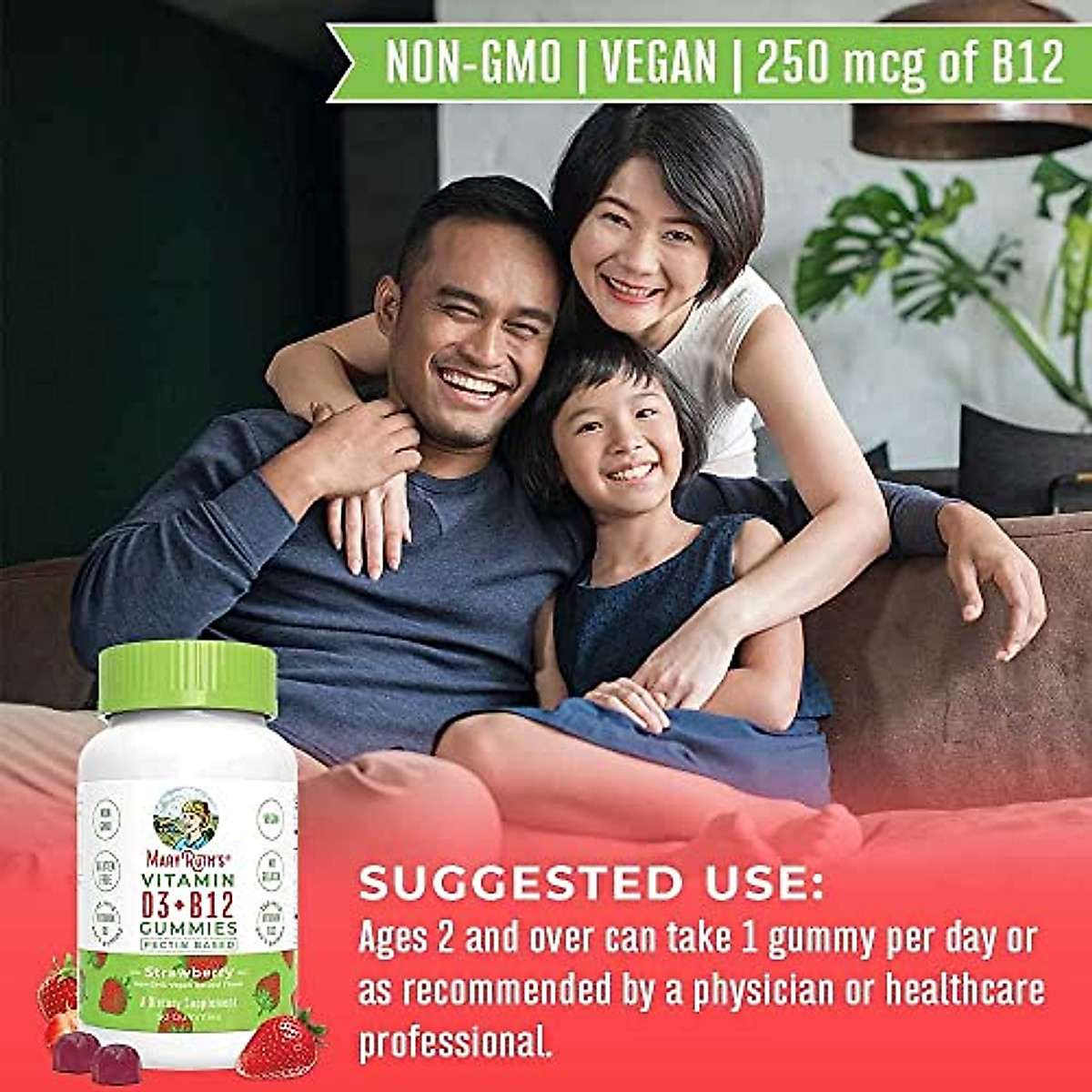 Vitamin D3 + Vitamin B12 | 2 Month Supply | Vitamin D & B12 Vitamin Supplements for Adults & Kids | Supports Bone Health | Promotes Energy Boost | Vegan | Non-GMO | Gluten Free | 60 Servings