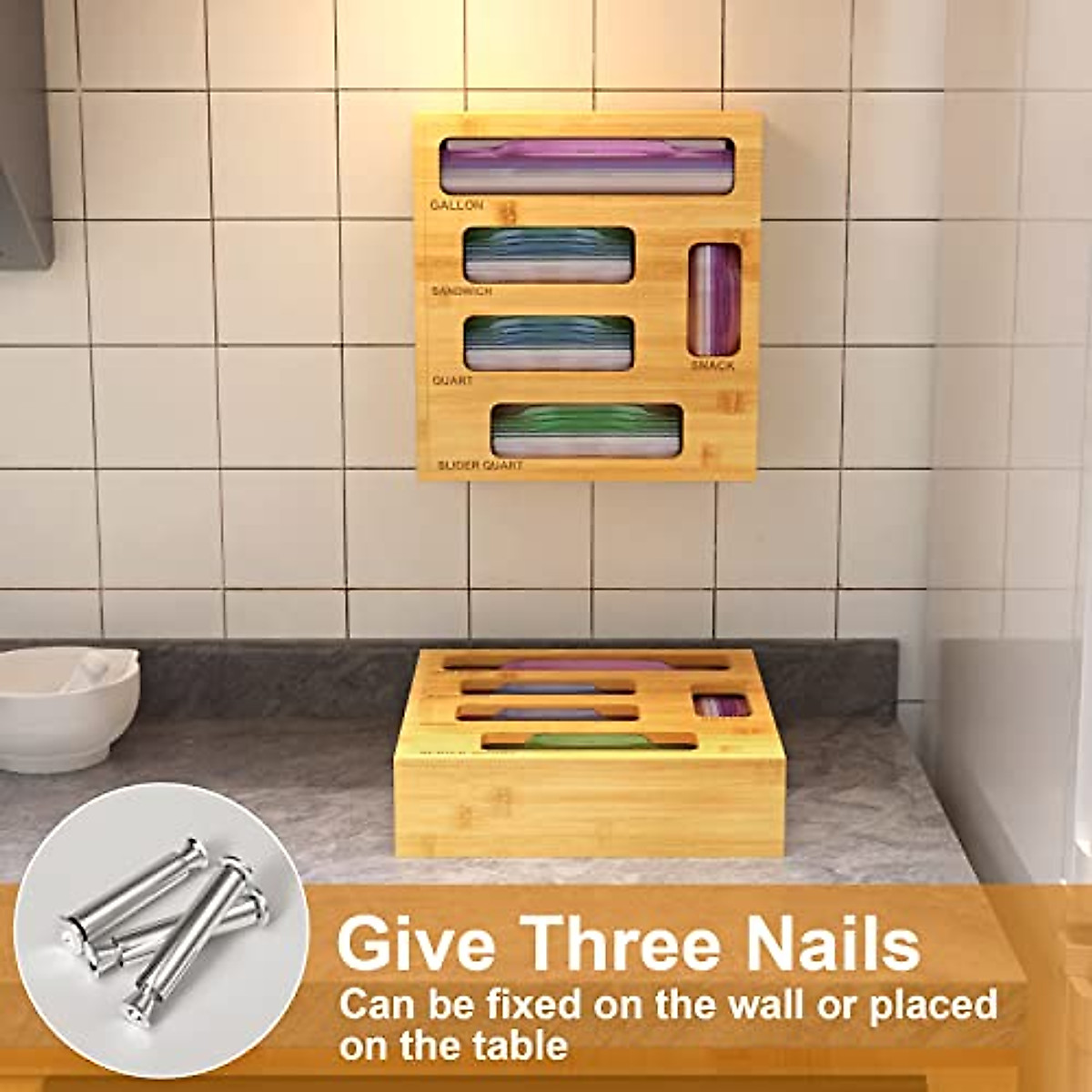 DUJEN Bamboo Ziplock Bag Storage Organizer, Food Storage Bags Container Organizer with Slider, Kitchen Plastic Bags Storage Compatible with Gallon, Quart, Sandwich & Snack Variety Size Bags