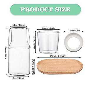Bedside Glass Water Carafe Set with Tumbler Glass,18Oz Night Water Carafe with Cup Set for Bedroom Nightstand Include Wooden Tray