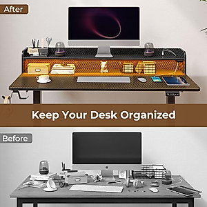 Rolanstar Standing Desk with LED Lights & Charging Station, 55" Height Adjustable Desk with Monitor Stand, Electric Gaming Desk with 2 Hooks, Sit Stand Home Office Desk, Carbon Fiber Surface Black