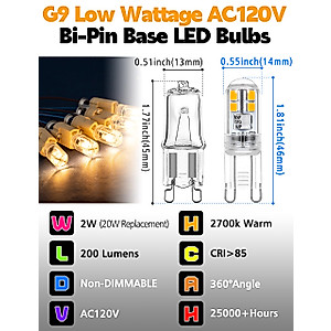 Xyanmc G9 LED Bulbs Low Wattage 2W 200LM LED Night Light Bulbs, 20W Replacement, 2700K Warm White, AC120V Bi-Pin Base Bulbs for Chandelier Pendant Under Cabinet Lights No Flicker Non-Dimmable,10 Pack