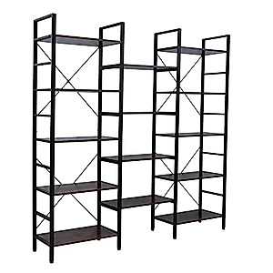 XMLYEC Triple Wide 5-Shelf Bookcase, Etagere Large Open Bookshelf Vintage Industrial Style Shelves Wood and Metal bookcases Furniture for Home & Office (Retro Brown)