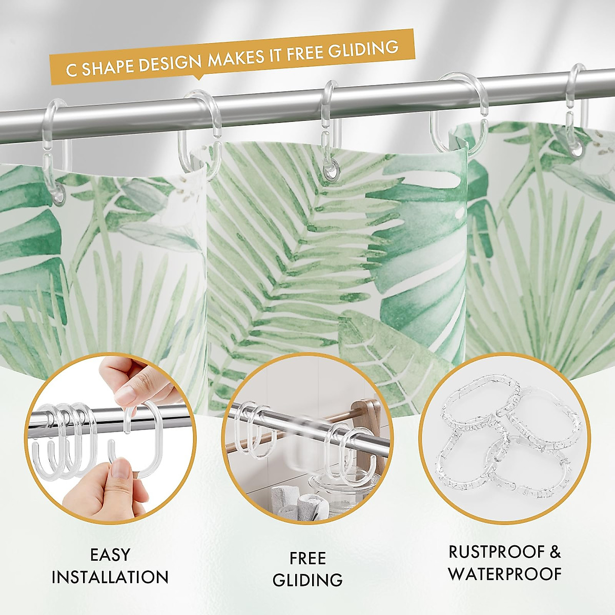 Amazer Plastic Shower Curtain Rings Hooks, Shower Curtain Hooks Rings, 24 Pcs Shower Hooks for Shower Curtain, C Shaped Shower Rings for Curtain, Clear Shower Curtain Rings for Bathroom Shower Rod