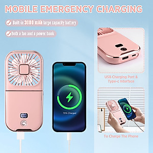 Tujoe 2 Pcs Portable Mini Fan Handheld Fan Rechargeable USB Foldable Necklace Fan 4 Speeds Adjustment 3000 Mah Power Bank Necklace Fans for Office Travel Outdoor Camping(White, Pink)