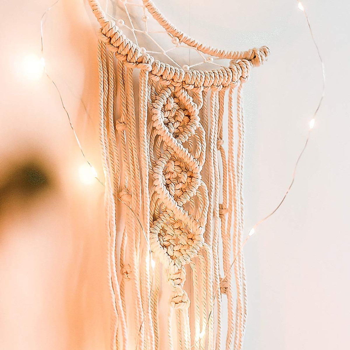 Boho Macrame Woven Wall Hanging, Crochet Crescent Moon Star Dream Catcher with Long Tassel- White Cotton Handmade Bohemian Nursery Decor Decoration Art Craft for Kids Bedroom Dorm Room