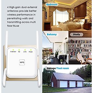 WiFi Range Extender, 1200Mbps WiFi Range Extender Wireless Signal Repeater Booster, Dual Band 2.4G and 5G Expander, 4 Antennas 360° Full Coverage, Extend WiFi Signal to Smart Home Devices（1200M）
