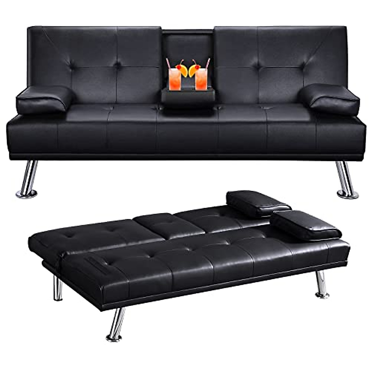 Ucloveria Modern Faux Leather, Multifunctional Sofa Bed, Convertible Folding Recliner Lounge Futon Couch for Living Room with 2 Cup Holders with Armrest（Black）