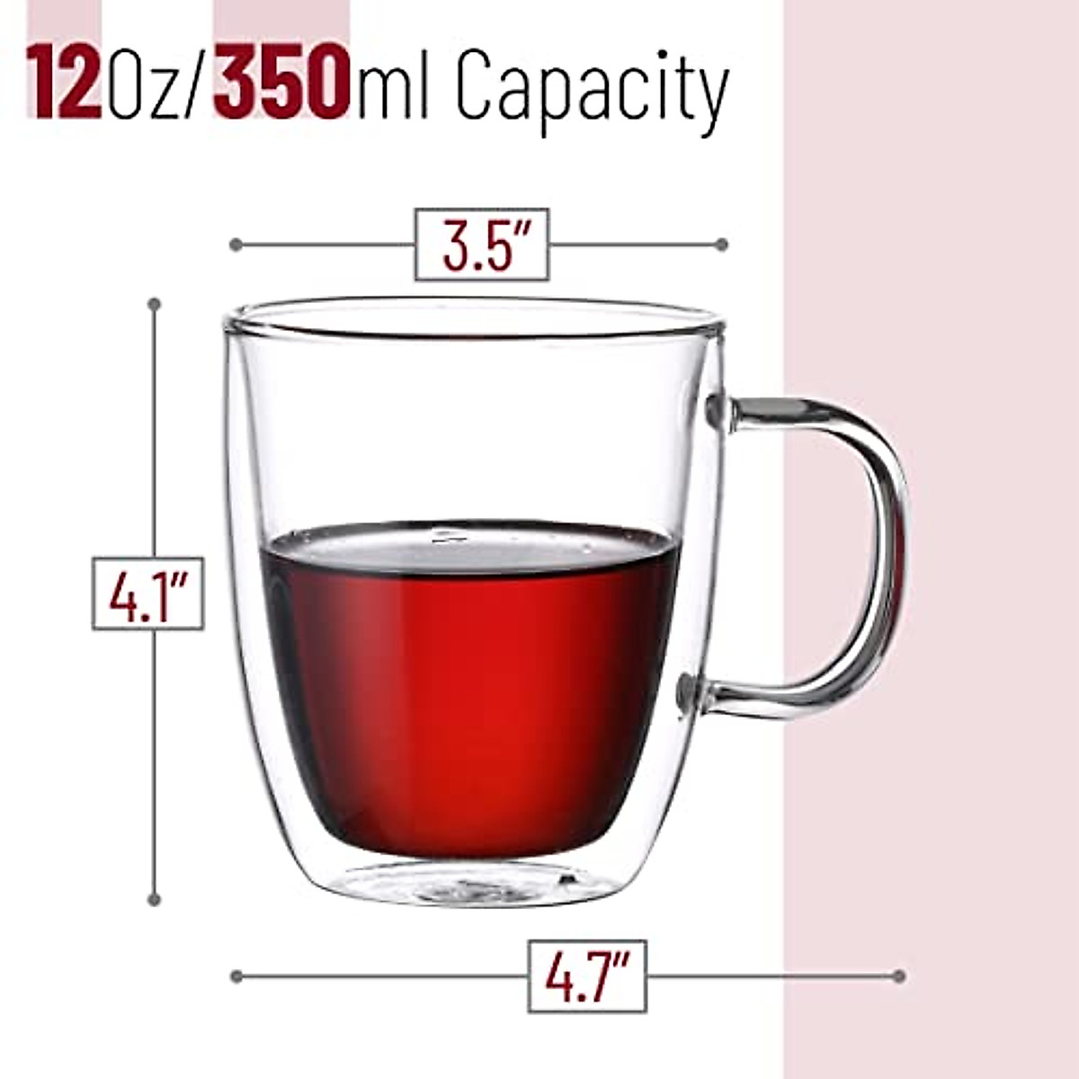 BTaT- Insulated Coffee Mugs, Glass Tea Mugs, Set of 4 (12 oz, 350 ml), Double Wall Glass Coffee Cups, Tea Cups, Latte Cups, Glass Coffee Mug, Beer Glasses, Latte Mug, Clear Mugs