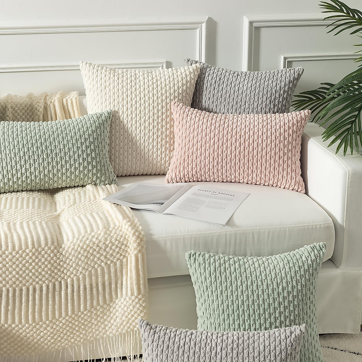 Kevin Textile Decorative Throw Pillow Cover Striped Corduroy Plush Texture Velvet Euro Cushion Cover for Bed 24 x 24 Inch (60cm) Set of 2 Cream