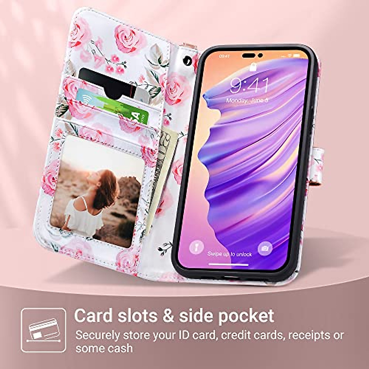 ULAK Compatible with iPhone 14 Pro Max Wallet Case for Women with Credit Card Holders, Designed Flip PU Leather Kickstand Shockproof Protective Cover for iPhone 14 Pro Max 6.7 inch 2022, Rose Gold