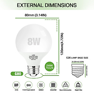 Jardhom Vanity Light Bulbs 8 Pack G25 LED Globe Light Bulb for Bathroom Vanity Mirror Decorative, E26 Base LED Round Light, 8W 75W Incandescent Equivalent, 5000K Daylight, Non-dimmable, 750 Lumens