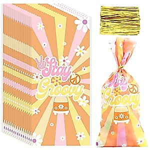 100 Pcs Groovy Boho Party Favor Bags Two Groovy Cellophane Retro Goody Treat Bag Hippie Decorations Daisy Groovy Birthday Party Plastic Bags with 150 Pcs Gold Twist Ties for 60's 70's Hippie Party