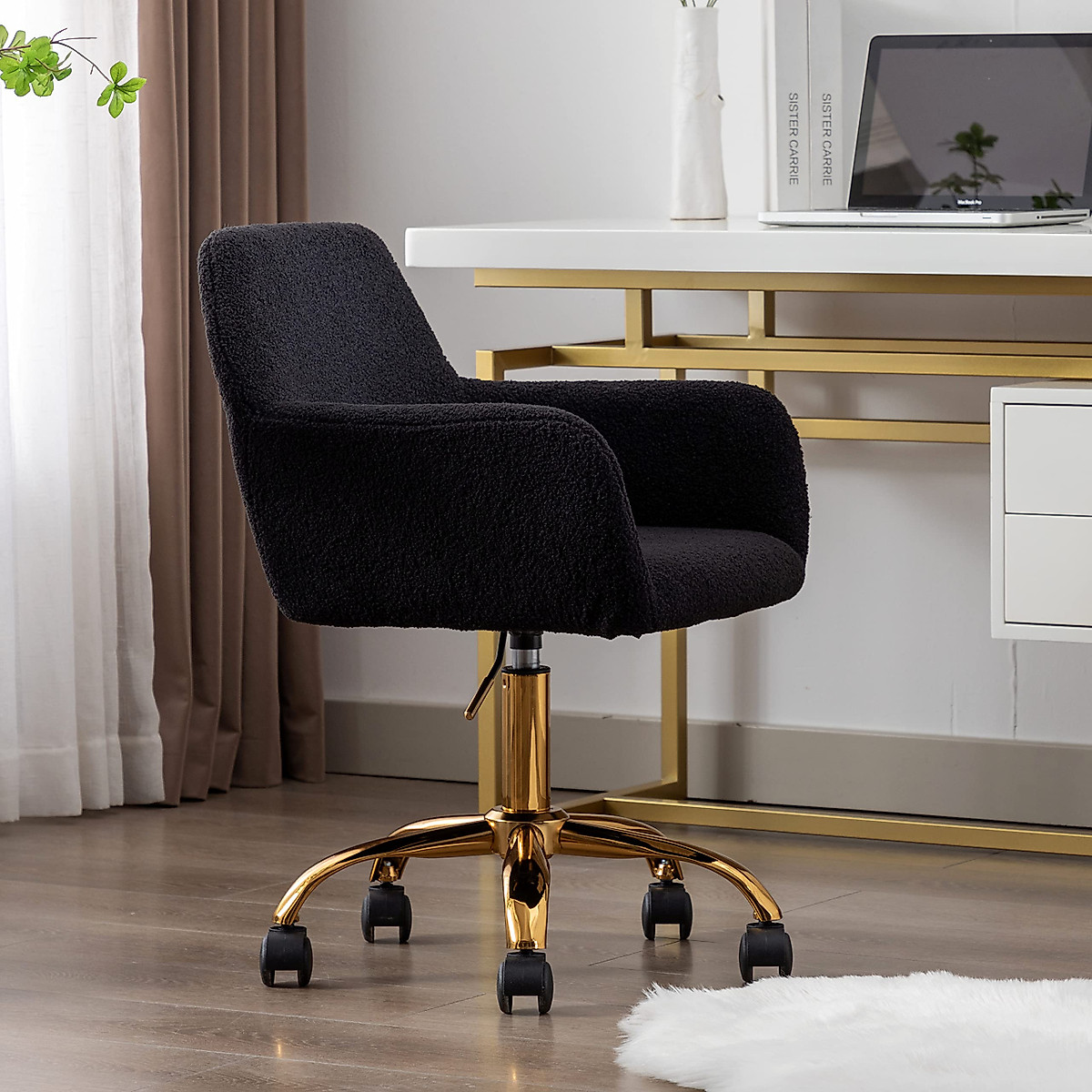 SSLine Faux Fur Vanity Chair Elegant Black Furry Makeup Desk Chairs for Girls Women Modern Comfy Fluffy Arm Chair with Gold Wheels in Bedroom Living Room