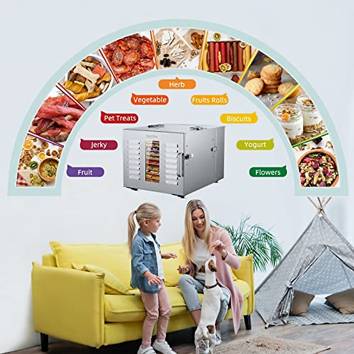 Septree Food Dehydrator for Jerky, Meat, Fruit, Beef, Herbs, and Pet Food, 10 Trays Stainless Steel Commercial Dryer Machine, 1000W, Adjustable Timer, Digital Temperature Control, Over Heat Protection, Silver