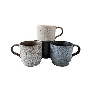 Essential Drinkware 14oz Stackable Ceramic Coffee Mugs with Metal Rack, Assorted Colors - Set of 4 Space Saving Durable Stacking Cups with Speckled Finish
