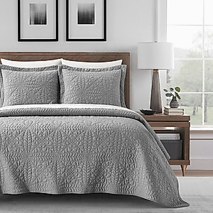 New York & Company Babe 3 Piece Cotton Quilt Set Geometric Floral Pattern Bedding - Pillow Shams Included, Queen, Grey