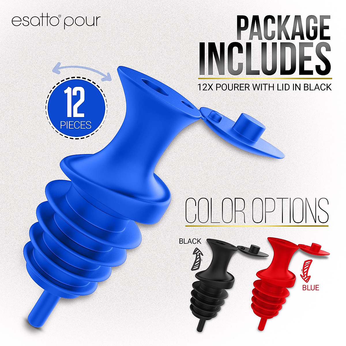 Esatto Pour and Seal, Pourer with Lid – Easy Pouring for Drinks like Spirits and Liquors, Lid for Healthy Practices Keeping Debris and Fruit Flies Away, Professional Bar Tool, Pack of 12 Pieces (Blue)