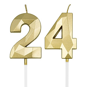 24th & 42nd Birthday Candles for Cake, Gold Number 24 42 3D Diamond Shaped Candle Birthday Decorations Party Supplies for Women or Men