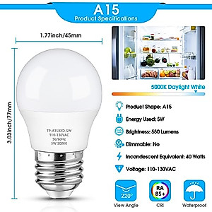 Maylaywood LED Refrigerator Light Bulbs, 40 Watt Equivalent A15 Fridge Bulb Waterproof, Daylight White 5000K, 550LM, E26 Base, Non-Dimmable, 5W LED Appliance Bulb for Frigidaire Home Lighting, 2-Pack
