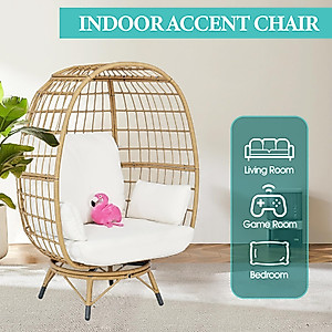 HLNPTN Patio Egg Chair Wicker Outdoor Egg Basket Chairs, Oversized Outdoor Furniture PE Rattan Patio Lounge Chair 440lb Capacity Sofa Seat with Stand & Beige Cushions for Indoor, Living Room, Backyard