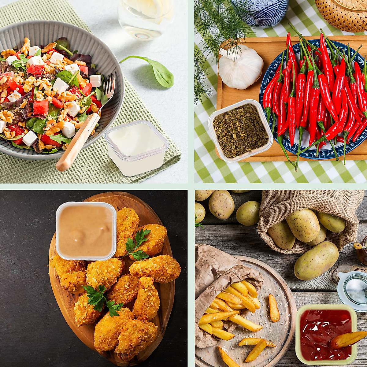 Wensdr 2oz Reusable Plastic Salad Dressing Container to go Set of 4,Small Sauce Cups with Sealing Lids Leak-proof Food Container for Lunch Box