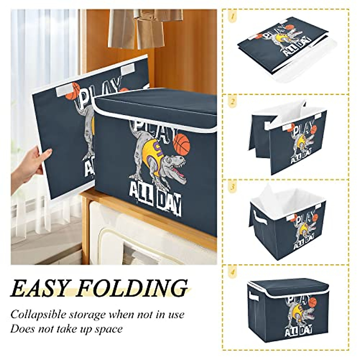 CaTaKu Basketball Dinosaur Storage Bins with Lids and Handles, Fabric Large Storage Container Cube Basket with Lid Decorative Storage Boxes for Organizing Clothes