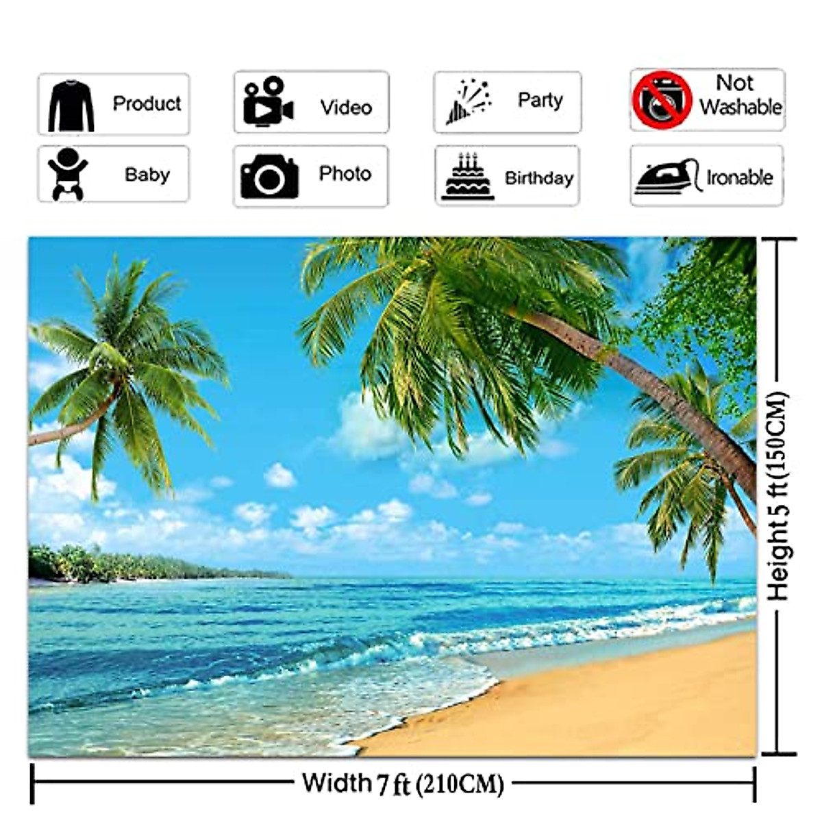 Summer Tropical Hawaii Palm Tree Or Beach Photography Backdrops 7X5FT Blue Sea Sky Sunshine Luau Party Photo Background Wedding Bride Shower Baby Birthday Party Banner Supplies Props Vinyl