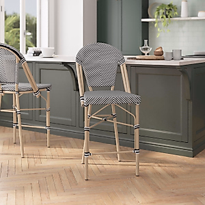 Flash Furniture Marseille Indoor/Outdoor Commercial Bistro Stacking Counter Stool - Black/White Textilene Back and Seat - Lt Natural Bamboo Metal Frame, 2 Pack