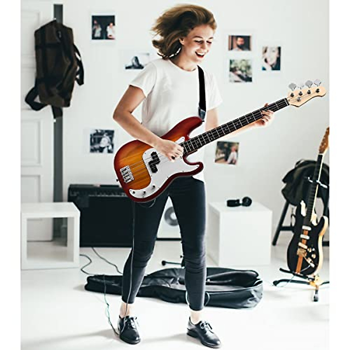 S AFSTAR Electric Bass Guitar 4 Strings Full Size Electric Bass with Amp Cord Strap & Carrying Bag, Rosewood Exquisite Stylish Bass Guitar for Starters Beginners Junior Senior Adults