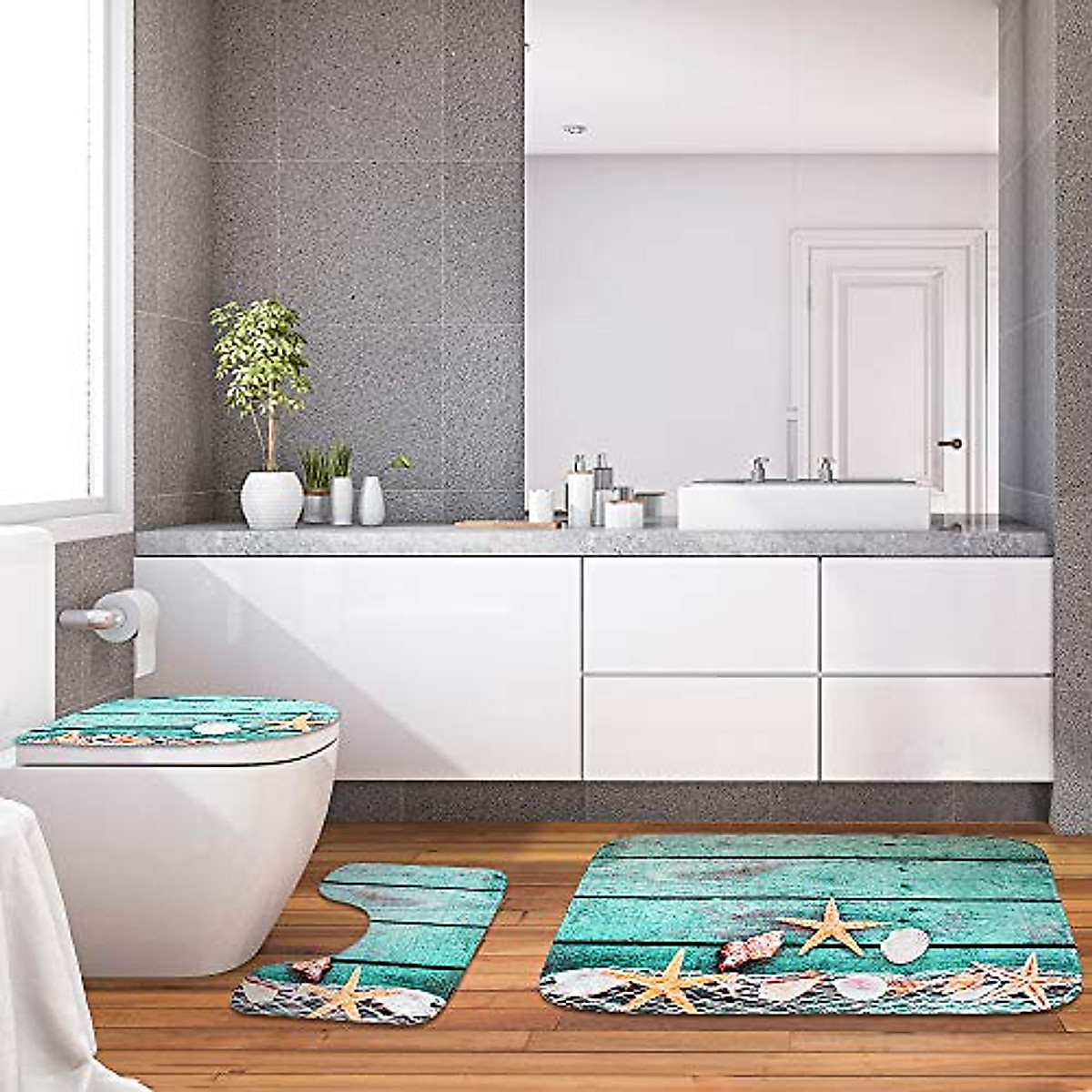 3 Piece Bath Rugs Mat Set, Bath Mat for Bathroom, Bathroom Mats Rugs Flannel Mats, Machine Washable Carpets Floor Mat for Bathroom Kitchen, Tub Toilet Contour Mat Lid Cover, Beach Starfish Decorations