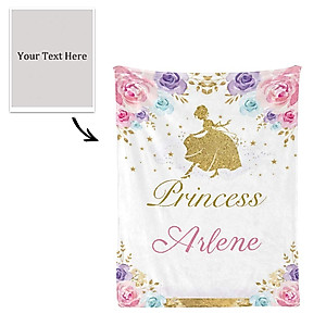 Yeshop Princess Floral Pink Purple Personalized Receiving Baby Blankets for Girls with Name,Customized Swaddle Blankets Gift for Newborn Crib Infants 30x40 Inches