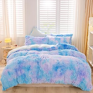 ZRNBAST Shaggy Faux Fur Duvet Cover Set Blue Purple Twin Size Bedding Sets for Girls Kids 3 Pcs Soft Fluffy Tie Dye Ombre Duvet Covers with Zipper Closure(Blue,Twin)