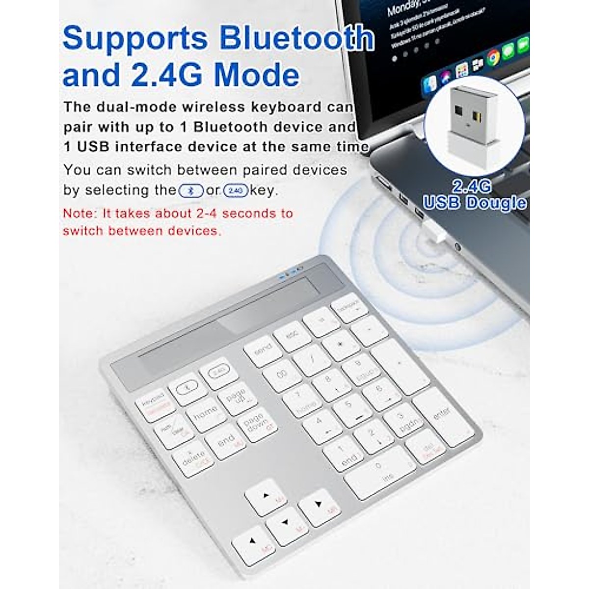 Bluetooth Number Pad with Calculator - Bluetooth + 2.4G Wireless Numeric Keypad Slim 34-Key Portable External Numpad Keyboard Data Entry & Calculate 2 in 1 for Laptop MacBook