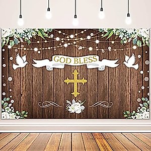 God Bless Baptism Backdrop First Holy Communion Party Decorations Christening Ceremony Newborn Baby Shower Banner Rustic Wood White Floral Ribbon Photography Background Decor Supplies 71 x 43 Inch