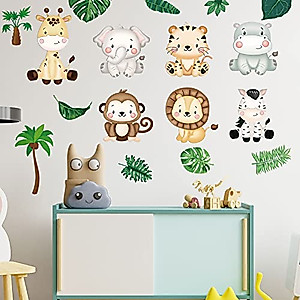 9 Sheets Baby Safari Animals Wall Stickers Jungle Animals Wall Decals Baby Wall Decor Elephant Zebra Giraffe Hippo Lion Leaf Nursery Decals Peel and Stick Wall Art Decals for Kids Room Nursery Decor