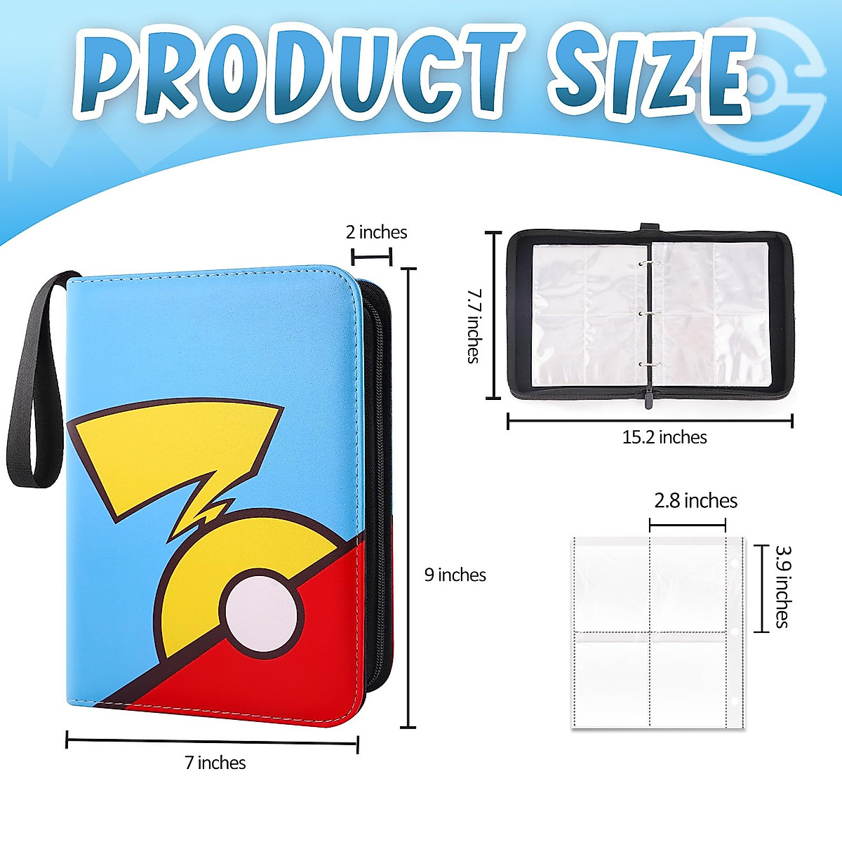 GOROMA Card Binder 4-Pockets, 400 Pockets Card Holder with 50 Removable Sleeves, Trading Card Collector Zipper Album Holder, Blue