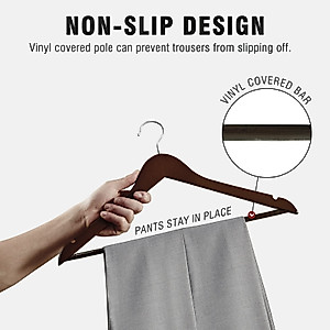 TECHMILLY 20 Pack Solid Wooden Suit Hangers, Heavy Duty Coat Hangers for Closet, Smooth Finish Clothes Hangers with 360° Swivel Hook & Non Slip Pant Bar & Cut Notches for Shirt, Walnut